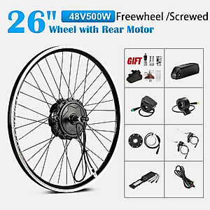 YS YOSE POWER 26 inch e-Bike Conversion kit 48V500W Rear Motor with 48V13Ah Lithium Battery Screwed brushless Motor Integrated Controller LED Display Pedal Sensor Electric Bike hub Motor 500w