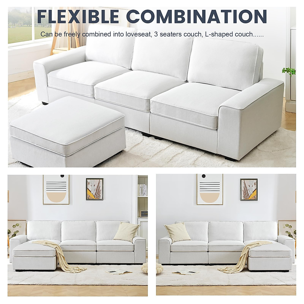 HALLYBEE 101" Modular Sectional Sofa Convertible L Shaped Couch with Storage Ottoman Linen White Couch with Chaise Comfy Sectional Couches for Living Room Apartment Office