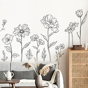Large Black Boho Flower Wall Decals Simple Sketch Floral Wall Stickers Wildflower Peel and Stick Wall Art Decor for Girls Bedroom Living Room Office Adult Home Decor