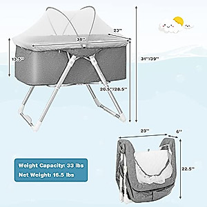 HONEY JOY Baby Bassinet, 2 in 1 Rocking Cradle Bassinet & Bedside Sleeper Bassinet, Quick-Fold Newborn Portable Bassinet w/Canopy & Mattress, Carry Bag, Travel Bassinet for Infant Girls Boys (Gray)