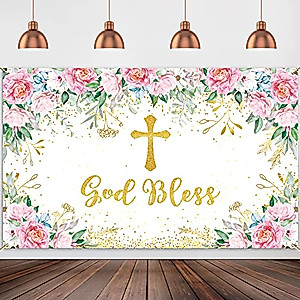God Bless Backdrop Baptism First Holy Communion Banner Mi Bautizo Baby Shower Party Decorations Christening Ceremony Newborn Banner Flowers Leaves Floral Photography Background Decor Supplies