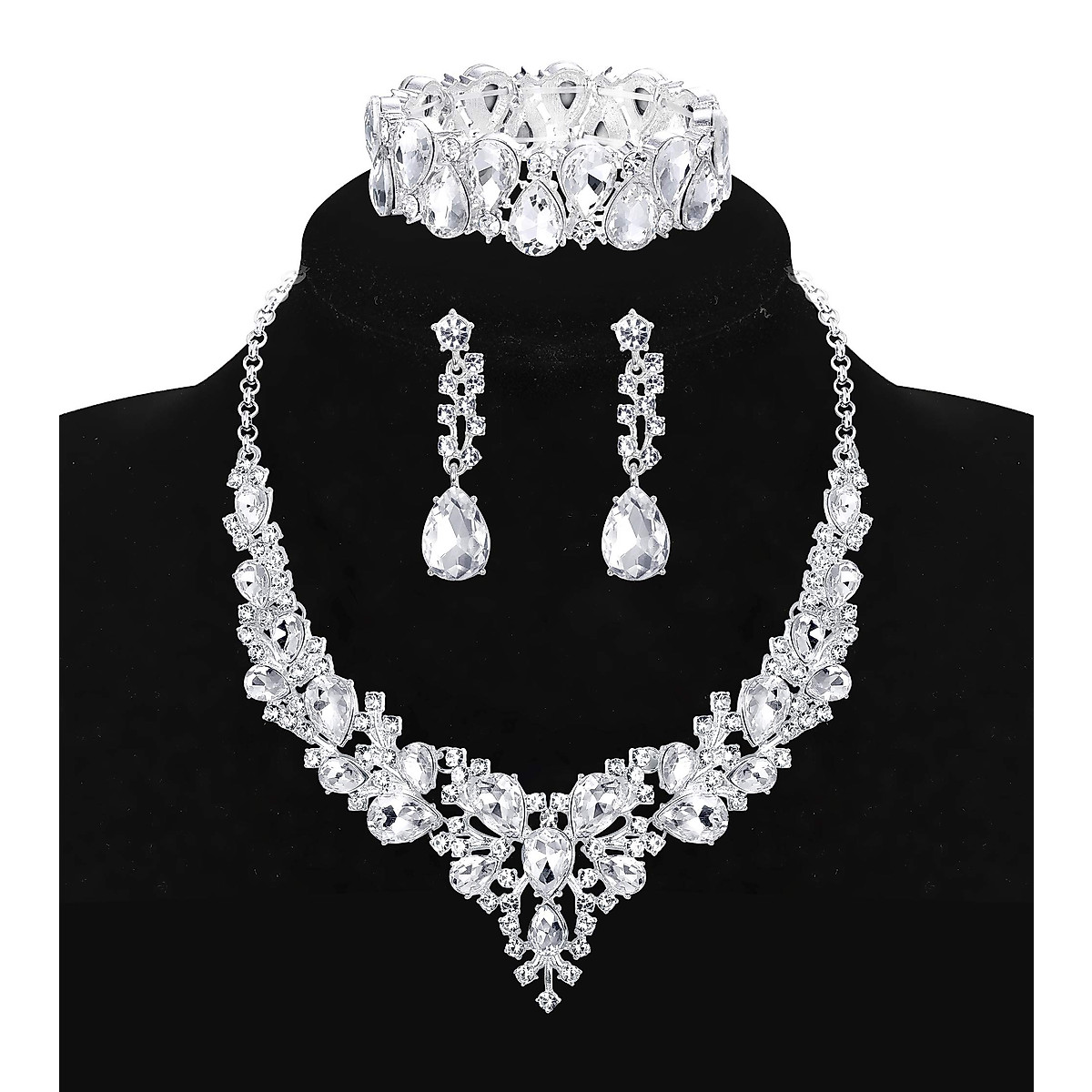 Udalyn Crystal Bridal Jewelry Sets for Women Necklace Earrings Bracelet Set for Wedding Rhinestone Bridesmaid Gifts fit with Wedding Dress