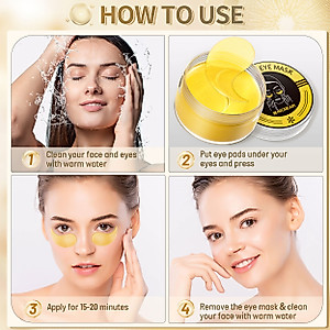 Hicream 24k Gold Under Eye Patches - 60 Pcs Eye Mask Pure Gold Anti-Aging Collagen Hyaluronic Acid Under Eye Mask for Dark Circles, Puffiness & Wrinkles Refresh Your Skin (Gold)