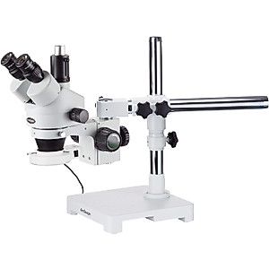 AmScope SM-3TZ-54S Professional Trinocular Stereo Zoom Microscope, WH10x Eyepieces, 3.5X-90X Magnification, 0.7X-4.5X Zoom Objective, 54-Bulb LED Light, Single-Arm Boom Stand, 110V-240V, Includes 0.5X and 2.0X Barlow Lenses