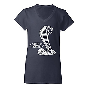 Ford Cobra Logo Women's V-Neck Shirt Mustang Gt500 Ladies Tee Black, XX-Large