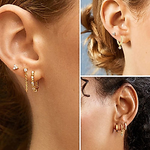 PLOMFOV 14K Gold Silver Hoop Studs Earrings Set for Women Dainty Dangle Hoop Gold Earrings Set for Multiple Piercing Gold Tone