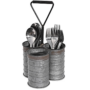 MyGift Galvanized Metal Flatware Holder for Party with Handle, 3 Compartment Picnic Utensil Holder Caddy