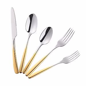 Buyer Star Stainless Steel Flatware Gradient Gold Silverware Set Dinner Spoons Forks Set Kitchen Tableware Cutlery Service for 4 (Service for 4, Style A-Gradient Gold)