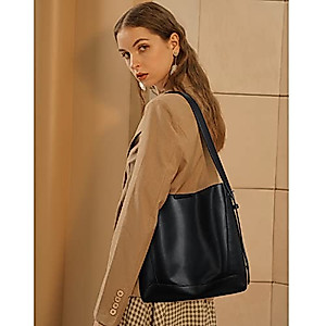 FOXLOVER Small Hobo Shoulder Bags for Women, Mini Ladies Bucket Bags Designer Genuine Leather Handbag Purse (Black)