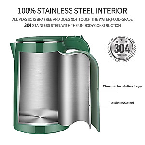 COOKTRON 1.7L Electric Kettle Quiet, Double Wall Hot Water Boiler BPA-Free, Quiet Boil and Cool Touch Tea Kettle, Cordless with Auto Shut-Off & Boil Dry Protection, 1500W Fast Boiling, dark green