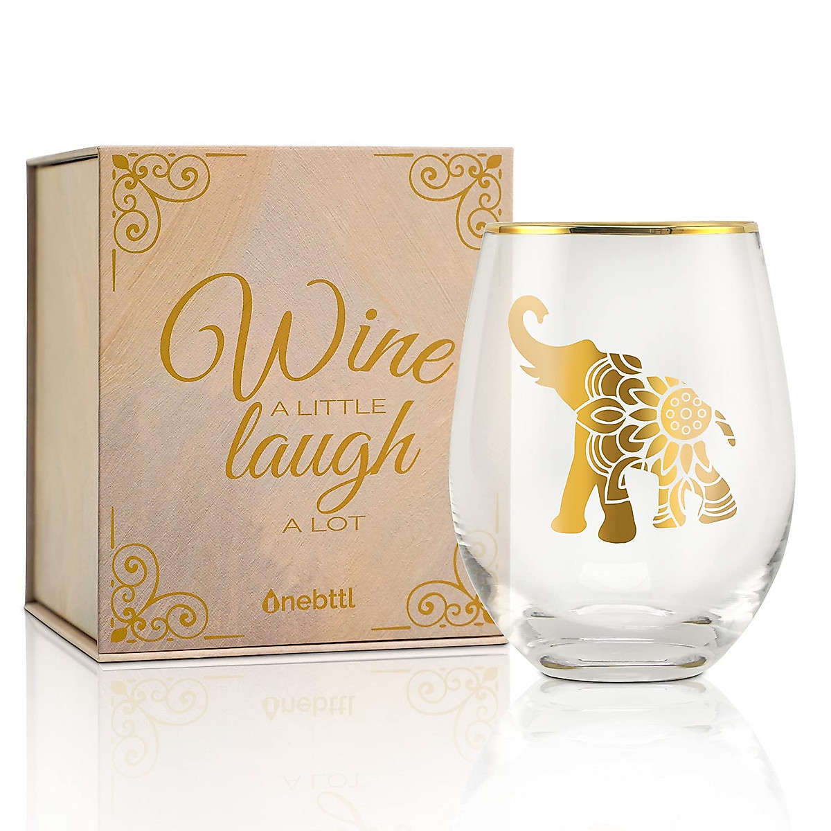Onebttl Unique Elephant Gifts - Ethnic Mandala Elephant Stemless Wine Glass, Best for Elephant Lovers, Perfect with Red Wine Gin Cocktail Fizzy Drinks - Gold - for Birthday, Celebrations, Housewarming
