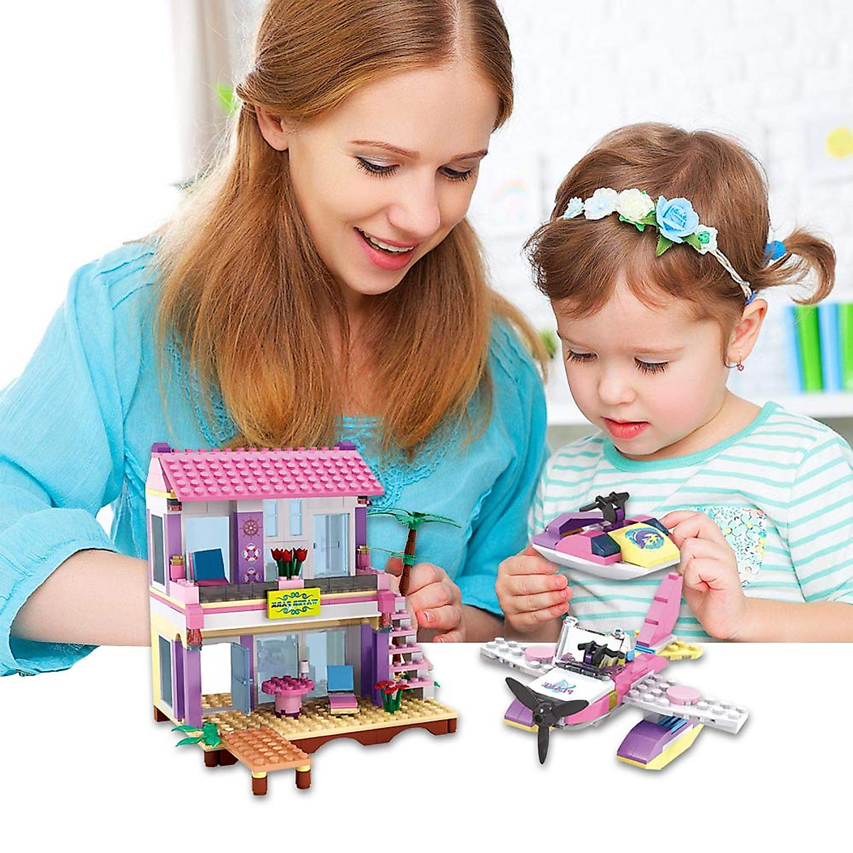 DEFICOSY Dream Girls Beach House Building Blocks Toys, Building Set Big Beach Villa with Seaplane, Water Scooter and Jet Ski, Fun Preschool Educational Toys for Boys and Girls 6-12 Years Old 423Pcs