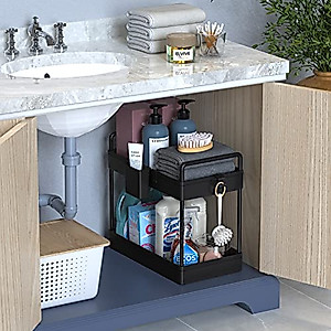 SOLEJAZZ Under Sink Organizer and Storage, 2 Tier Under Cabinet Basket Organizer, Multi-purpose Under Sink Storage Shelf for Bathroom Kitchen, Cabinet Storage with Hooks and Hanging Cups, Black,3 Pack