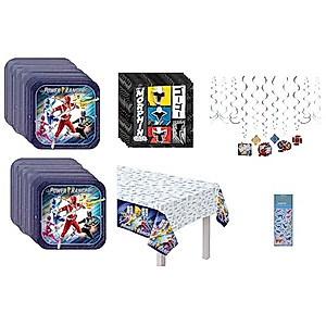Power Rangers Birthday Party Supplies Bundle Pack includes Lunch Plates, Napkins, Table Cover, 12 Piece Hanging Swirl Decorations (Bundle for 16)