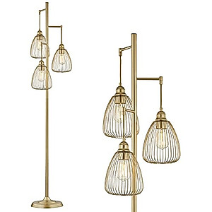 LeeZM Floor Lamp, Standing Farmhouse Lamp with 3 Teardrop Cage Head, Tall Vintage Industrial Pole Lighting (3 Bulbs exclude), Rustic Torchiere Tree Floor Lamp for Living Room, Home, Office - Gold