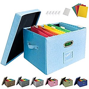 JSungo File Box with 5 Hanging Filing Folders, Document Organizer Storage for Office, Collapsible Linen Storage Box with Lids, Home Portable Storage with Handle, Letter Size Legal Folder, Blue