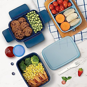 Freshmage Stackable Bento Box Adult Lunch Box with 5 Compartments, Premium All-in-One Leak-Proof Bento Lunch Box With Spoon, 1 oz Dressing Container for Work, Camping, Picnic (Blue)