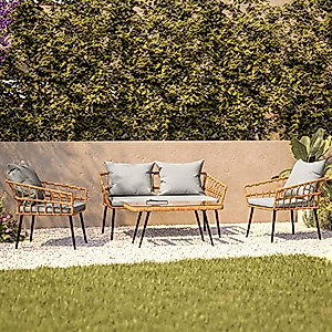 Flash Furniture Evin Boho Patio Conversation Set Rope Rattan-All-Weather Cushions-Tempered Glass Top Coffee Table-Indoor/Outdoor, 4 Piece, Natura/Gray