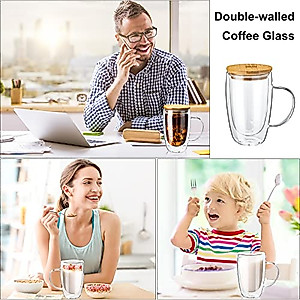 Eccliy 8 Pcs 16 oz Double Walled Glass Coffee Mugs Clear Coffee Mug Insulated Coffee Mugs with Handle and Bamboo Lid, Exquisite Clear Glass Cups for Coffee Tea Latte Cappuccino Espresso