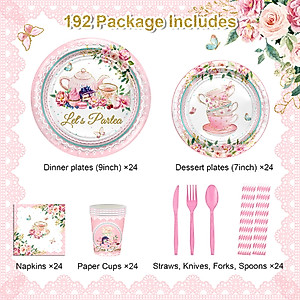 Avezano 192 Pcs Tea Party Decorations Tea Party Plates and Napkins Sets Floral Lets Partea Tableware Tea Party Supplies for Baby Shower Bridal Shower Wedding Birthday Decor Serves 24 Guests