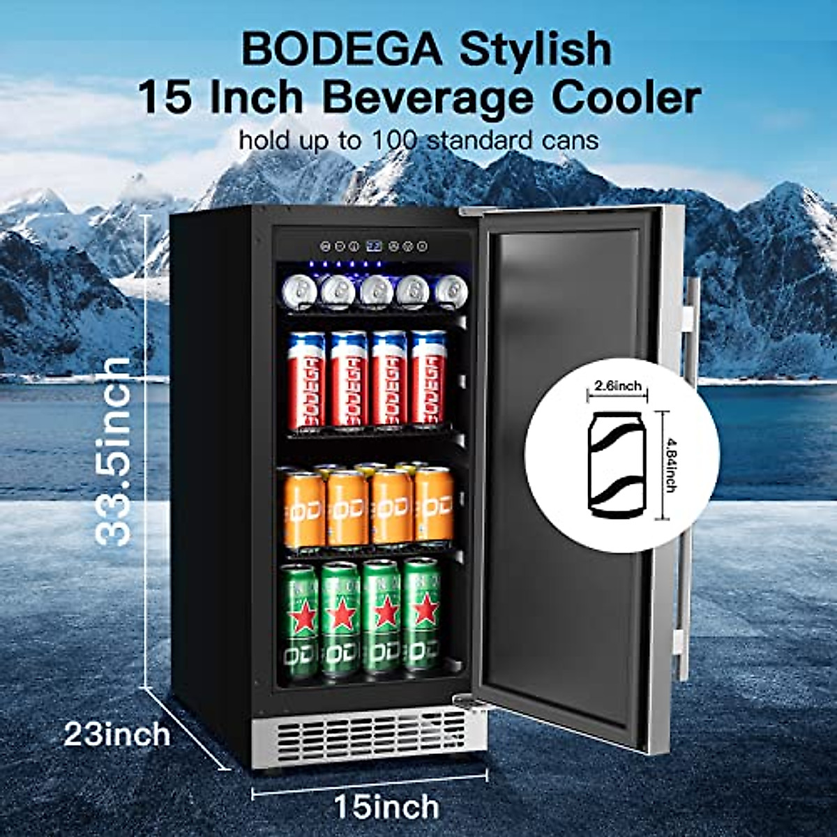 BODEGA Beverage Cooler 15 Inch, Built-in and Freestanding Beverage Refrigerator 100 Cans, Stainless Steel Under Counter Beverage Fridge Perfect for Soda, Water, Beer