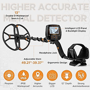Metal Detector for Adults - High Sensitivity, Waterproof 10'' Search Coil, Adjustable LCD Backlight, 4 Professional Modes of Detection with Pinpoint Accuracy Gold Detector