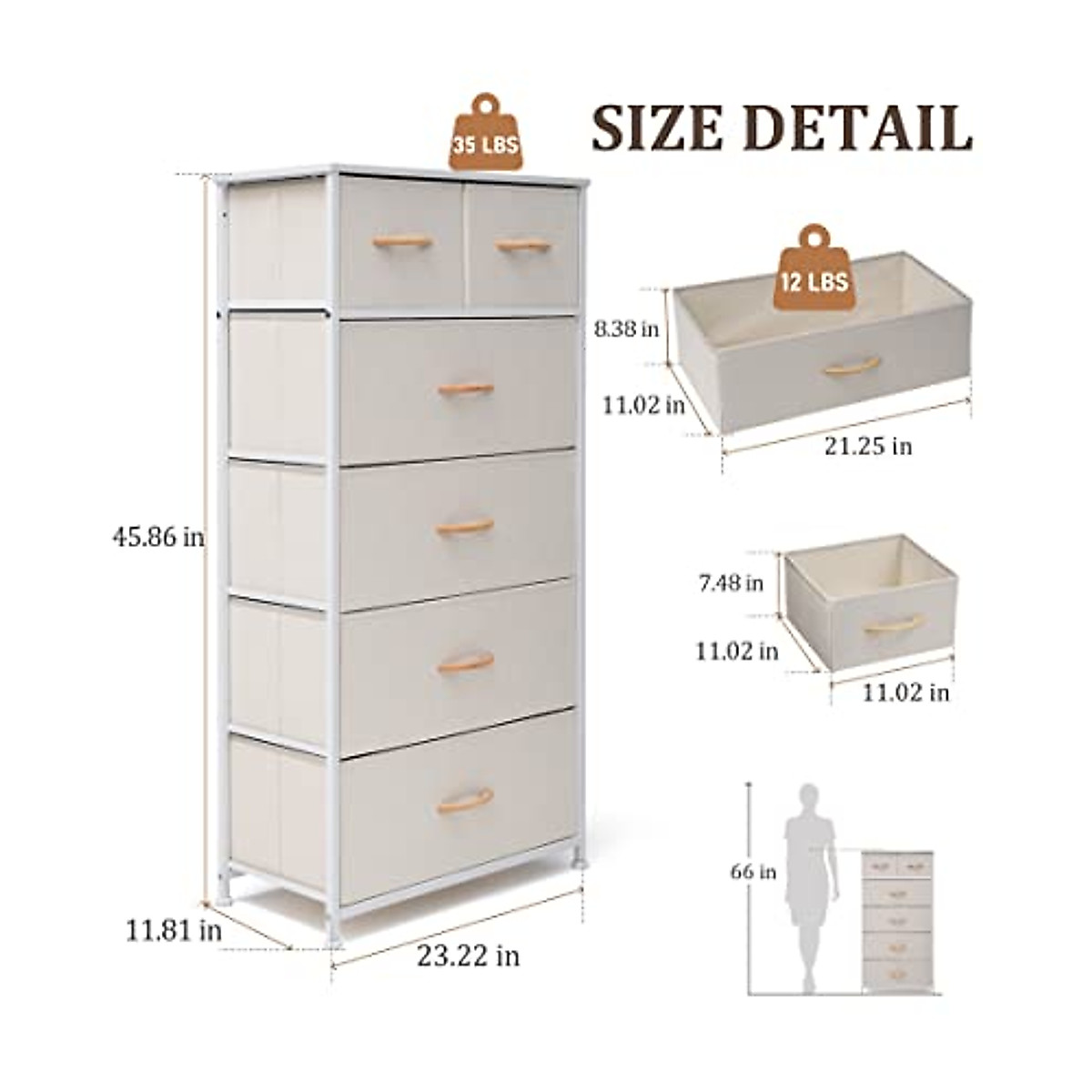 VredHom Tall Dresser Organizer, 6 Drawers Dresser Fabric Storage Closets Storage Units Organizer Tower Steel Frame Wooden Top for Bedroom, Hallway,Nursery, Entryway(Beige)
