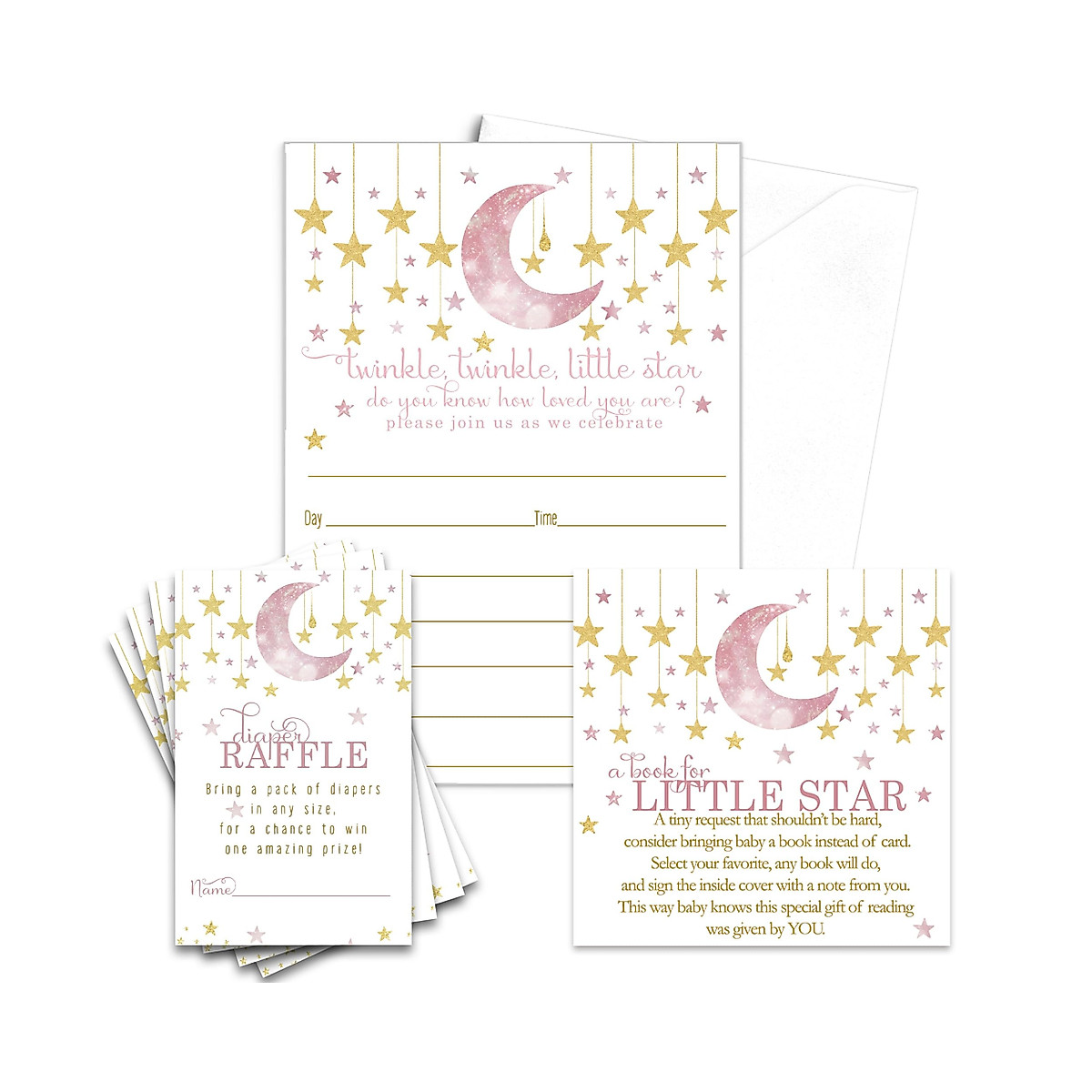 Twinkle Little Star Baby Shower Invitation Bundle Set Includes Blank Girls Invites with Envelopes Diaper Raffle Tickets Bring a Book Insert Cards (25 of Each) Celestial Themed Party Supplies