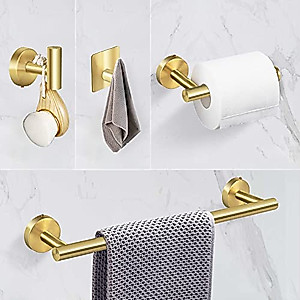 Augegel Brushed Gold Bathroom Hardware Accessories Set 6 Pieces,Stainless Steel Bathroom Towel Rack Set Wall Mounted,16" Towel Bar,Toilet Paper Holder, 4 Towel Hooks