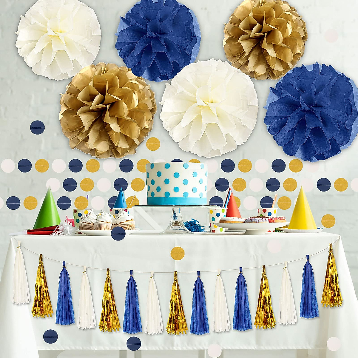 74 Pieces Navy Blue Gold Party Decoration for Graduation Includes Tissue Paper Pom Pom Flower Gold and Navy Balloon Circle Banner Tassel Garland Birthday Bridal Shower Wedding Party