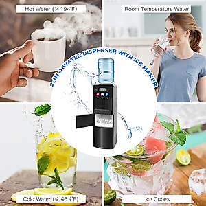 Clarfey Water Dispenser with Ice Maker, 3 in 1 Water Dispense with Built-in Ice Maker, Water Cooler Dispenser for 3-5 Gallon Bottle with a Scoop, Ice-Making Chamber, Child Safety Lock, Black