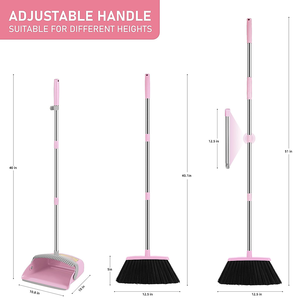 Broom and Dustpan Set, Outdoor Broom Dustpan Combo Set Home Commercial Cleaning Supplies Angle Broom with Long Handle Perfect for Courtyard Garage Street Pink