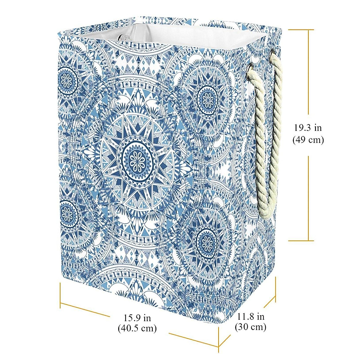 Blue Boho Pattern Style Graphic Laundry Hamper With Handles Large Collapsible Basket For Storage Bin, Kids Room, Home Organizer, Cloth Storage, 19.3x11.8x15.9 In