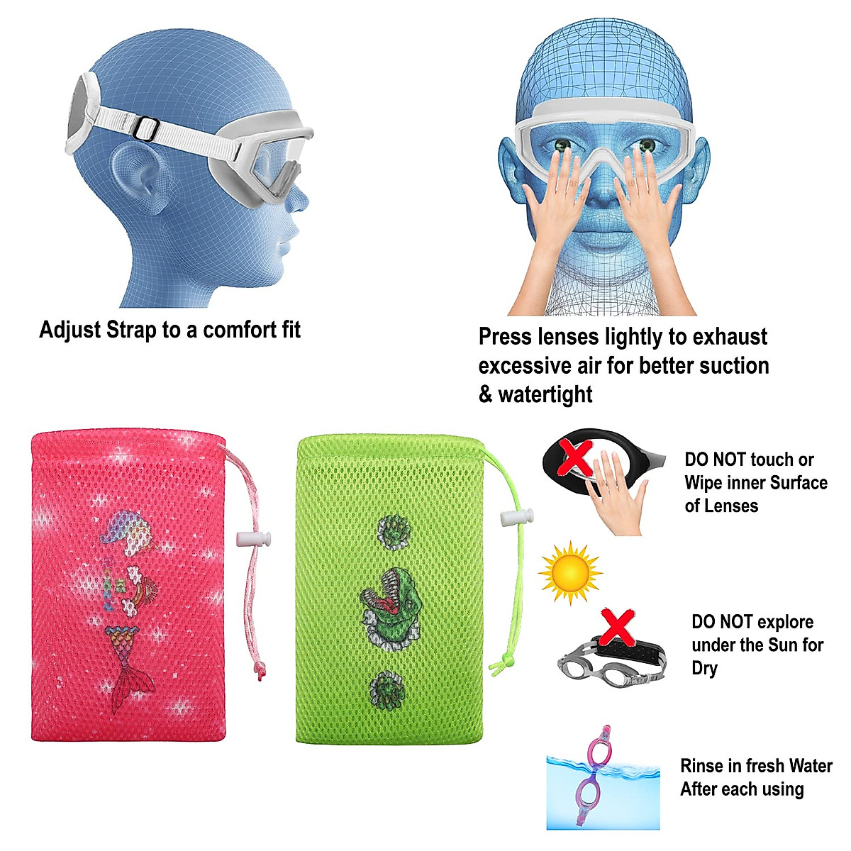 HYDROCOMFY 2PK Kids Goggles Age 4/5/6/7, Toddler Swimming Goggles, Mermaid/Dino Kids Goggles for Swimming 4-7