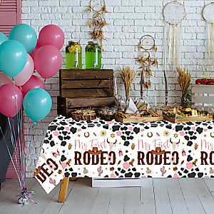 3Pcs My First Rodeo Tablecloths-Cowgirl Baby Shower Decorations Pink Cow Print Western Disposable Rectangular Plastic Table Covers First Rodeo Birthday Party Supplies Girl