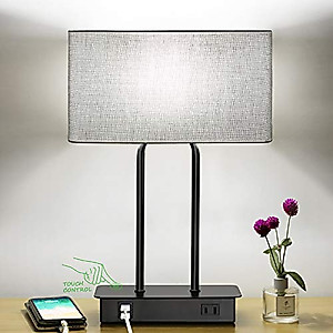 Bedside Touch Control Table Lamp with Dual USB Charging Ports 1 AC Outlet, 3 Way Dimmable Modern Nightstand Lamp with Grey Fabric Shade, Desk Lamp for Bedroom Living Room Office with 5000K LED Bulb