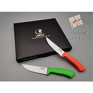 UMOGI Ceramic Steak Knives Set of 4 with Covers in Gift Box - Utility Knife Large Size - Healthy Stain Resistant & Rust Proof - Dishwasher Safe - Best for Meat Tomatoes Vegetables Fruits BBQ