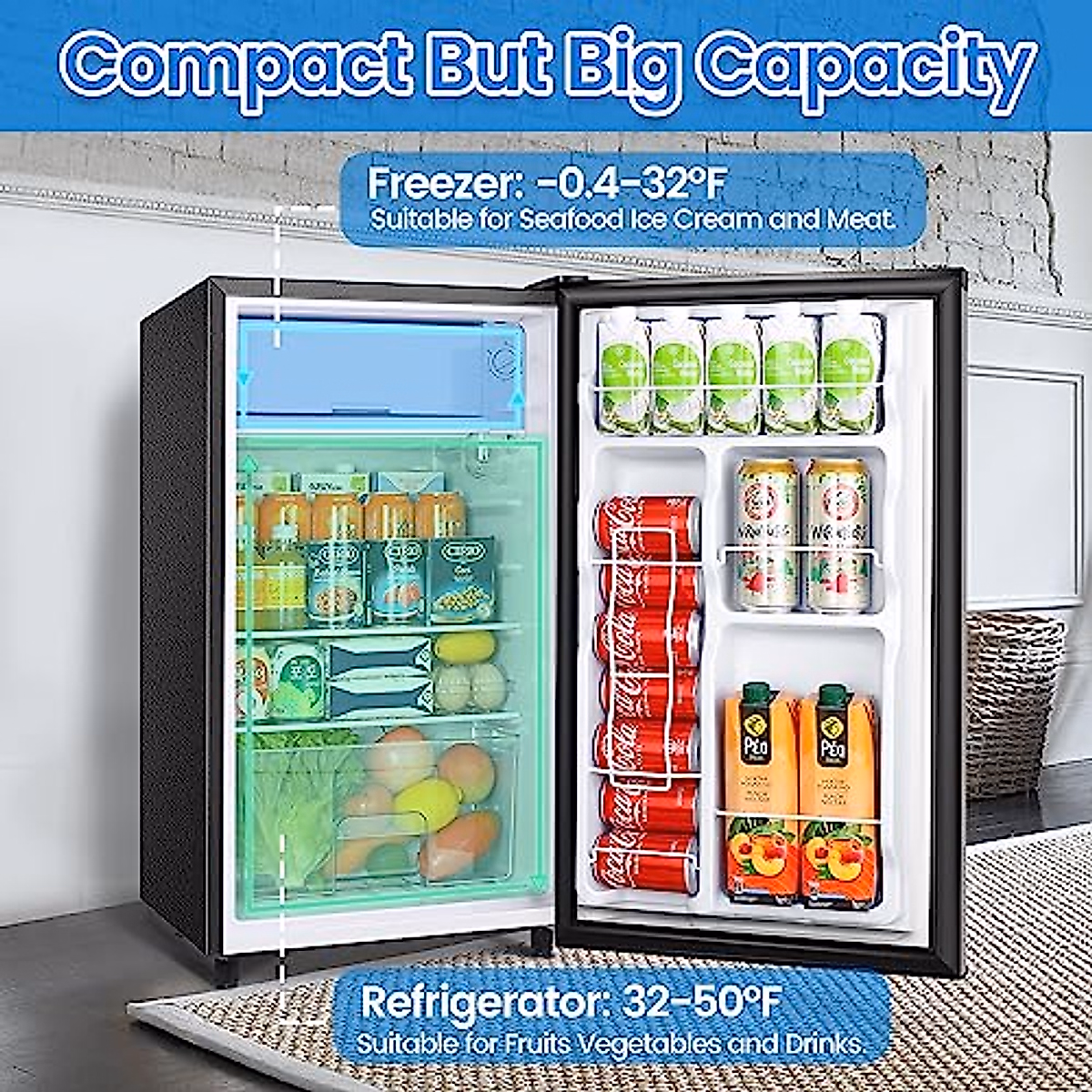 WANAI Mini Fridge With Freezer 3.2 Cu.Ft Single Door Small Refrigerator Energy-efficient, Low Noise, Mini Fridge For Bedroom Dorm and Office, Silver