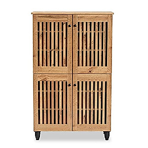 BOWERY HILL Modern Oak Brown Finished Wood 4-Door Shoe Storage Cabinet