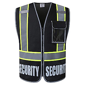 HATAUNKI Retro-Reflection Security Safety Vests Heavy Duty Black Mesh with 5 Pockets and Front Zipper Meet ANSI/ISEA 107-2015 (Black-22, 3X-Large)