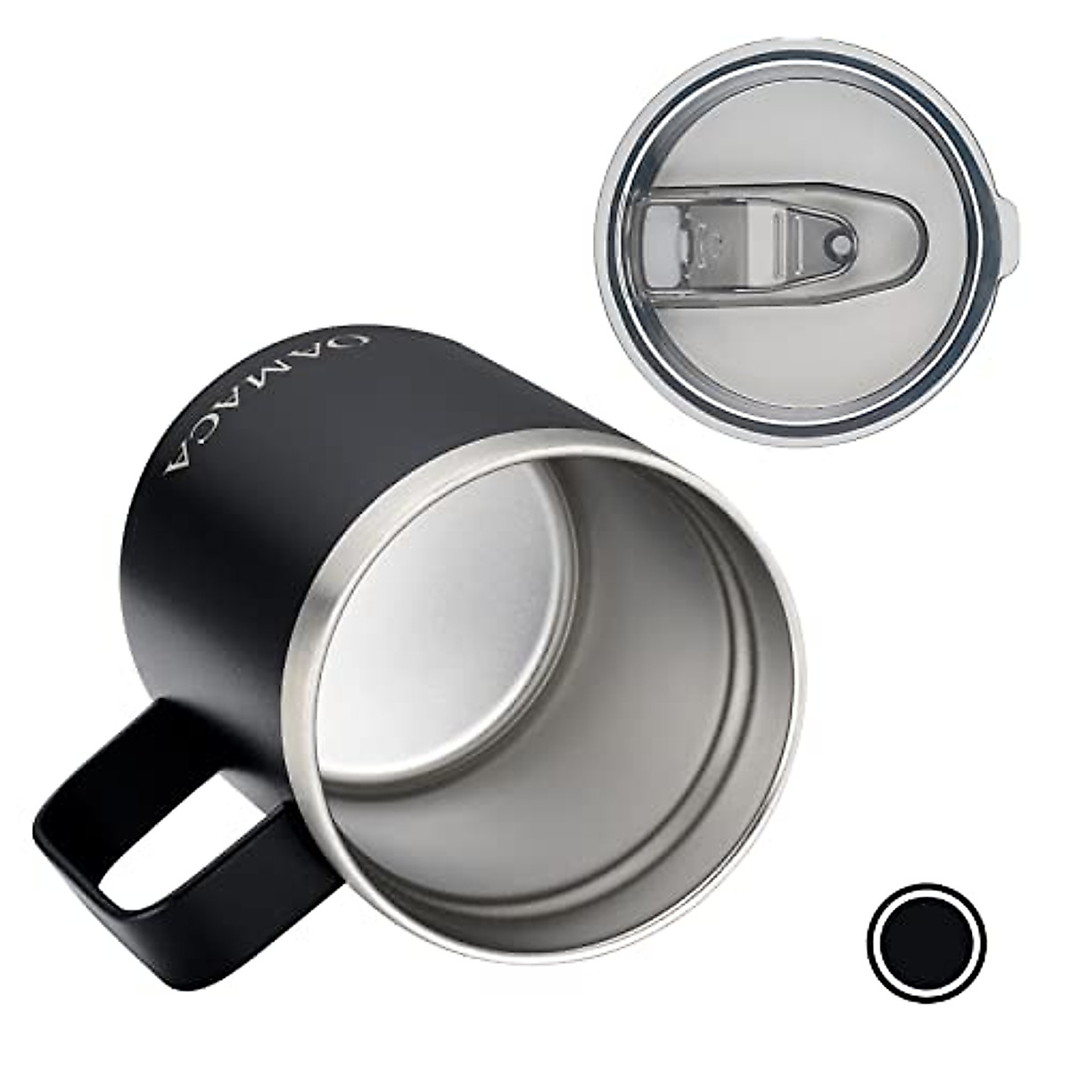 Oamaca 12OZ Coffee Mug with Lid, Vacuum Insulated Travel Tumbler with Handle,Double Wall Stainless Steel Powder Coated Mug Cup,Spill-proof Outdoor Thermos Cup for Hot & Cold Drinks,Black