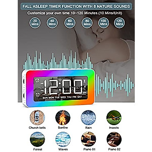 Umedo Alarm Clock for Bedrooms Dual Alarm Clocks 8 RGB Night Lights, 3 Mode Mirror Clock, USB Port, 8 White Noise, 7 Wake-Up Sounds, 16 Level Volume, 0%-100% Dimmable, Bedside Clock for Kids & Adult