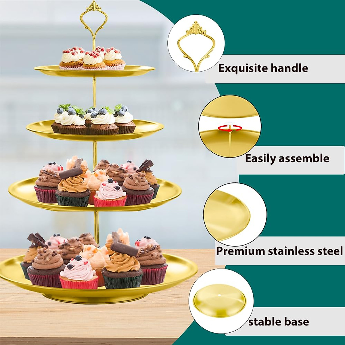 BZVlemon 4 Tier Stainless Steel Cupcake Stand, Gold Metal Serving Tray Cake Holder Cake Stand for Holiday Dessert Table Decorations Birthday Baby Shower Party Wedding (4tier)