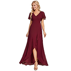 Ever-Pretty Women's Double V Neck A Line Ruffle Hem Backless High Low Chiffon Wedding Guest Dresses Burgundy US14