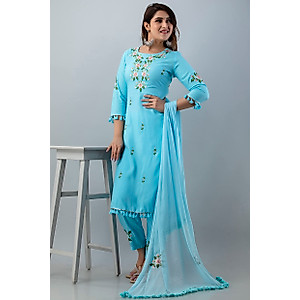JG Women's Ethnic Wear Collection Rayon Straight Embridered Kurti & Pant Set With Dupatta Readymade Salwar Suit For Women Casual Wear(Blue-XX-Large Size)