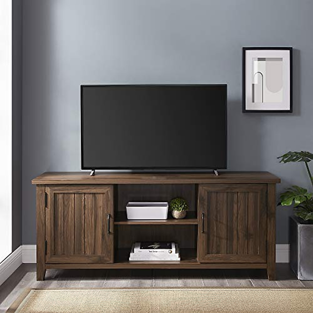 Walker Edison Buren Classic Grooved Door TV Stand for TVs up to 65 Inches, 58 Inch, Walnut