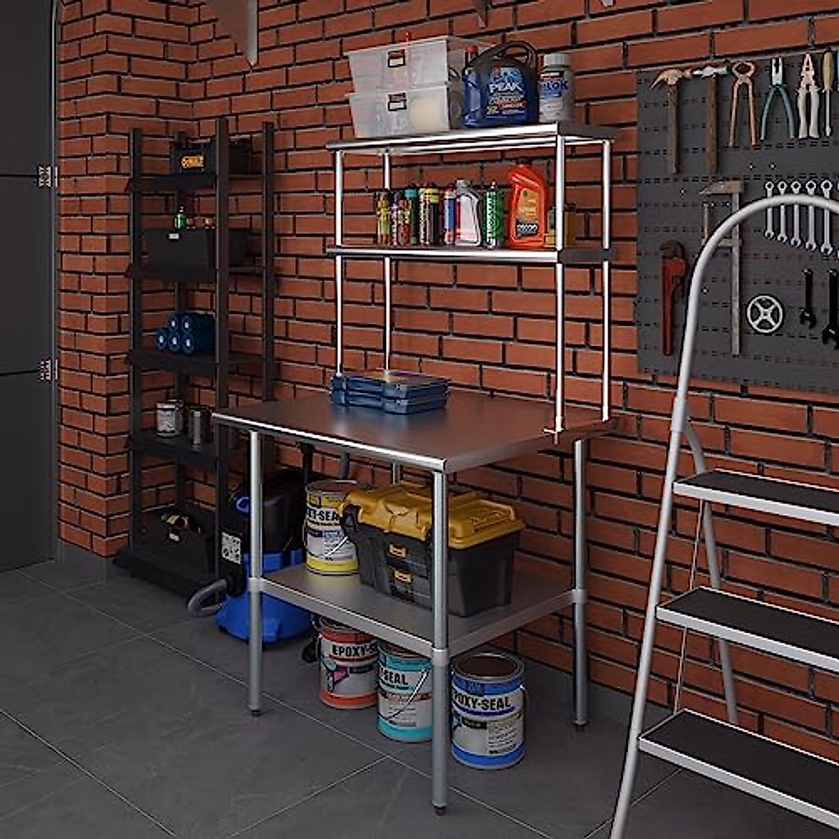 30" x 36" Stainless Steel Work Table with 12" Wide Double Tier Overshelf | Metal Kitchen Prep Table & Shelving Combo