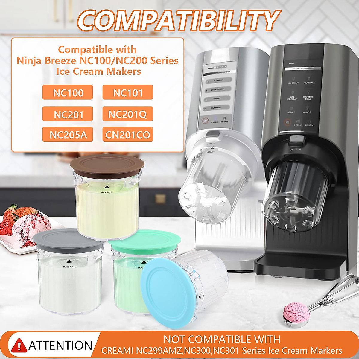 FENKOA Pint Containers and Lids Replacement for Ninja Creami Breeze Containers - 4 Pack, 16oz Pint Cups Replacement for NC100 NC101 NC200 NC201 NC201Q NC205A Ice Cream Maker, BPA Free