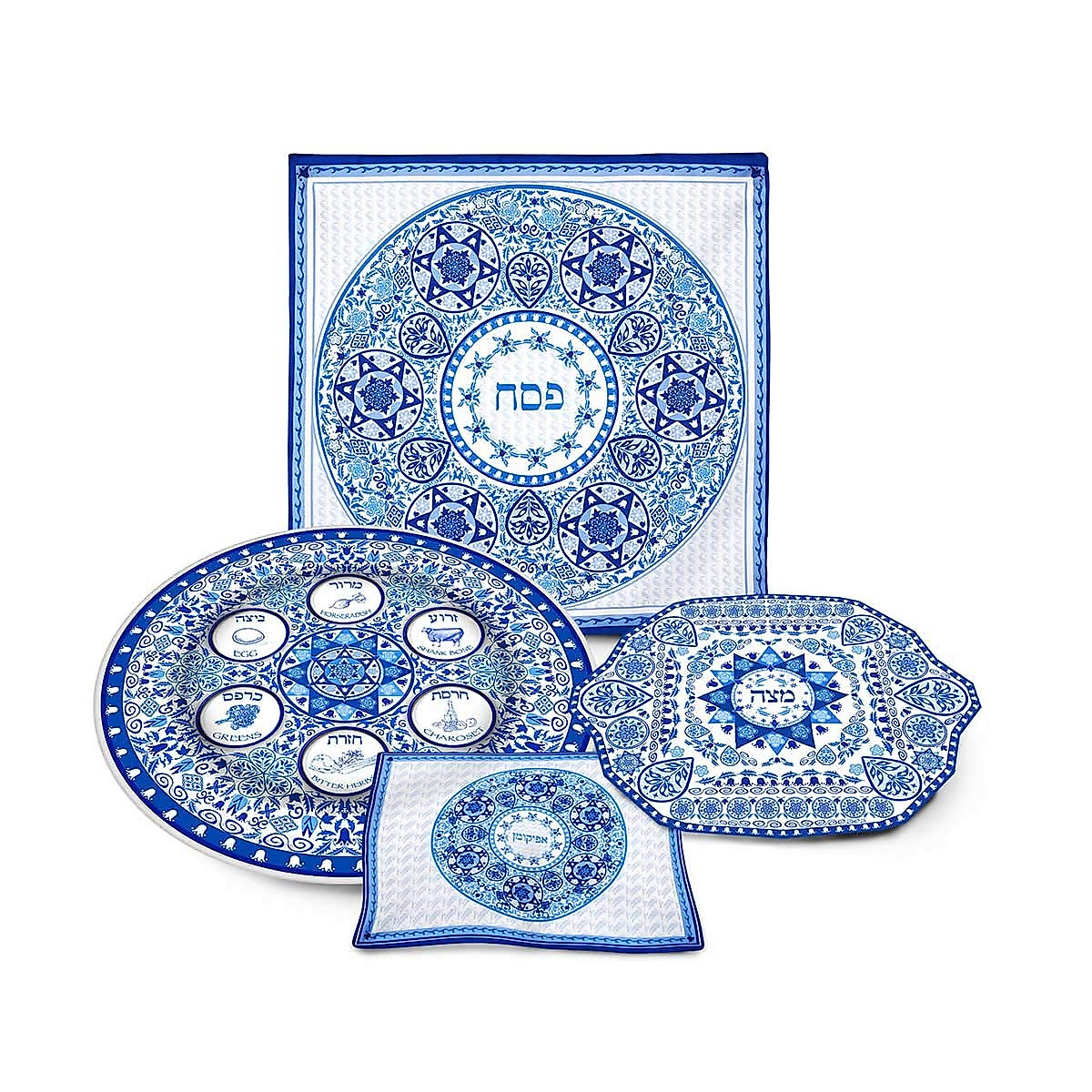 Aviv Judaica Prestigious Passover Seder Dinnerware Renaissance Set, Includes Round Porcelain Seder Plate, Square Matzo Tray, Silk Matza Cover & Afikoman Bag Magnificent Passover Decoration Dishware