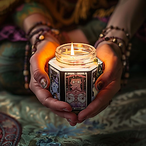 DECOPIRE Tarot Cat Protection Crystal Candle, Handcrafted, Amethyst & Dry Flowers, Amber & Sandalwood Scent, for Birthdays, Witchcraft, Relaxation